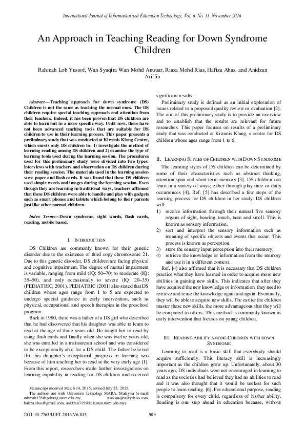 (PDF) An Approach in Teaching Reading for Down Syndrome Children