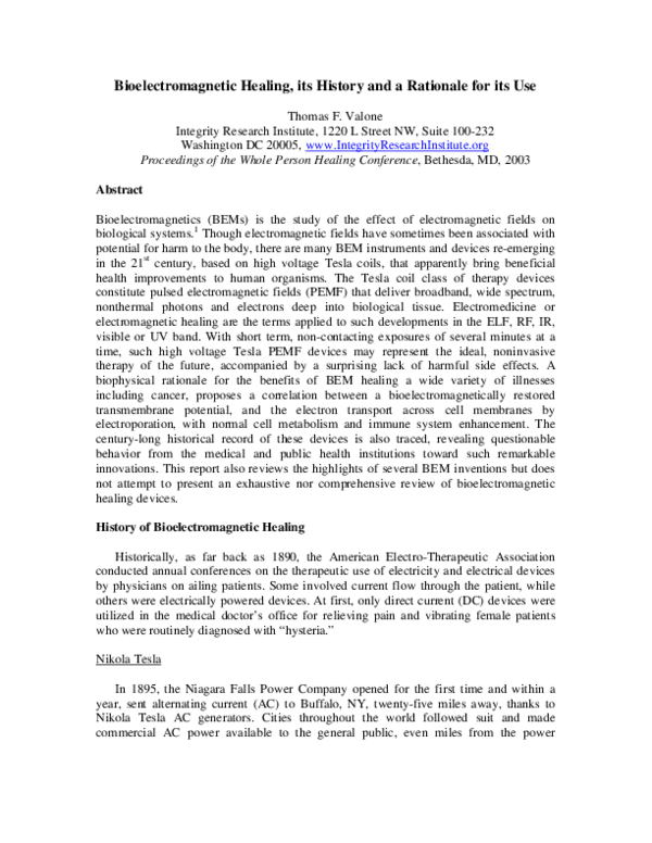 (PDF) Bioelectromagnetic Healing, its History and a Rationale for its Use