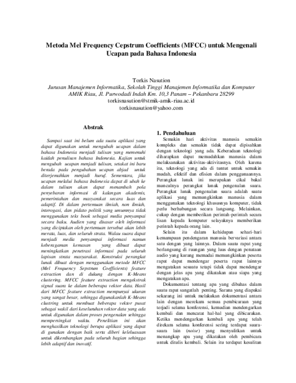 (PDF) Metoda Mel Frequency Cepstrum Coefficients (MFCC) untuk Mengenali Ucapan pada Bahasa Indonesia
