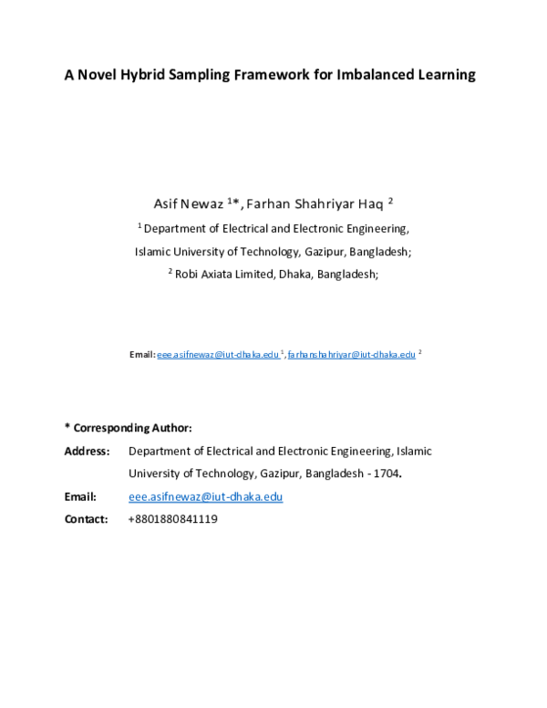 Pdf A Novel Hybrid Sampling Framework For Imbalanced Learning