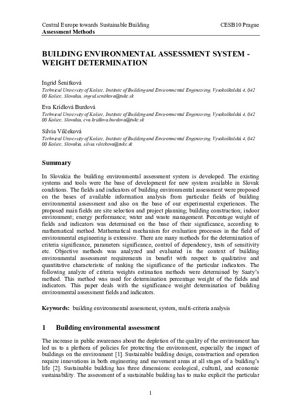(PDF) Building environmental assessment system - weight determination