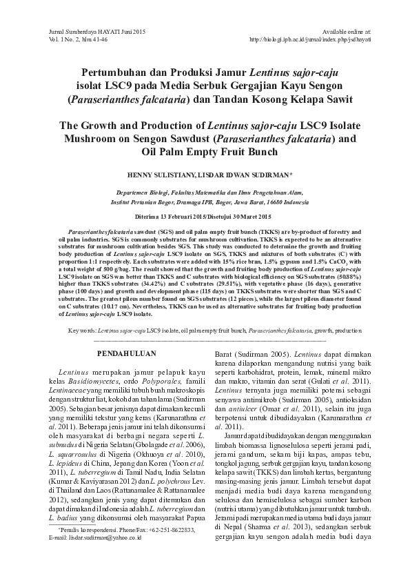 (PDF) Pertumbuhan dan Produksi Jamur Lentinus sajor-caju isolat LSC9 ...