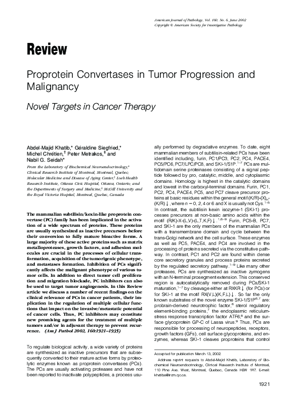 (PDF) Proprotein Convertases in Tumor Progression and Malignancy