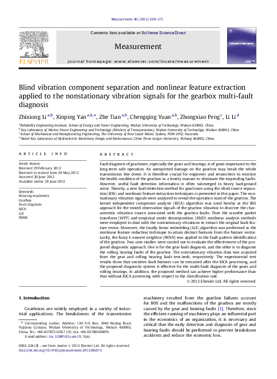 Pdf Blind Vibration Component Separation And Nonlinear Feature Extraction Applied To The 