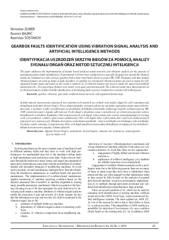 (PDF) Gearbox faults identification using vibration signal analysis and artificial intelligence ...