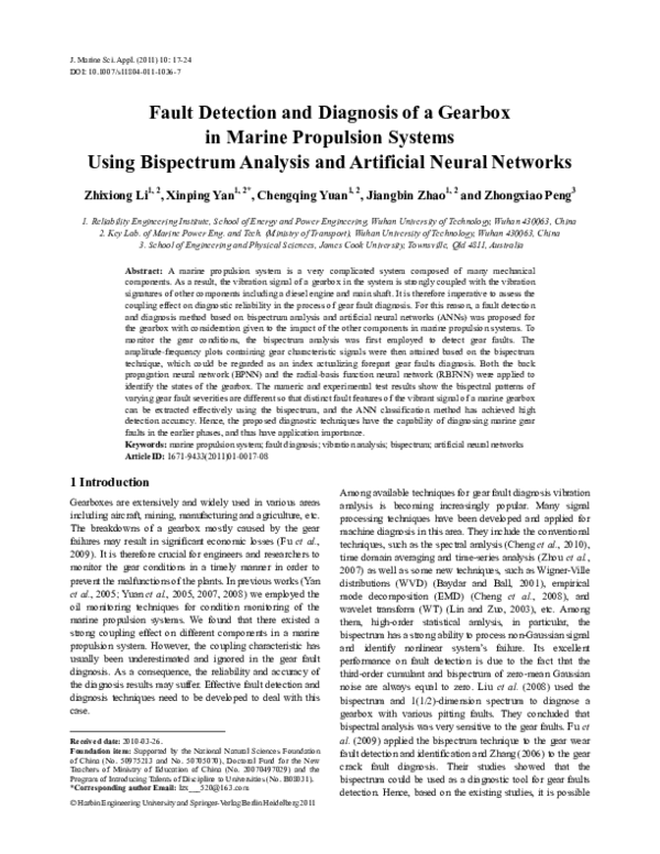 Pdf Fault Detection And Diagnosis Of A Gearbox In Marine Propulsion Systems Using Bispectrum