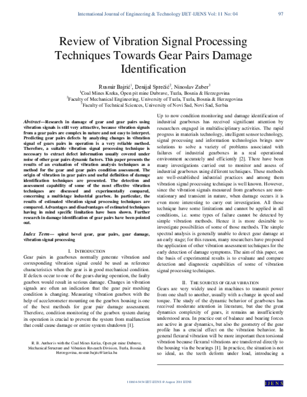 (PDF) Review of vibration signal processing techniques towards gear pairs damage identification