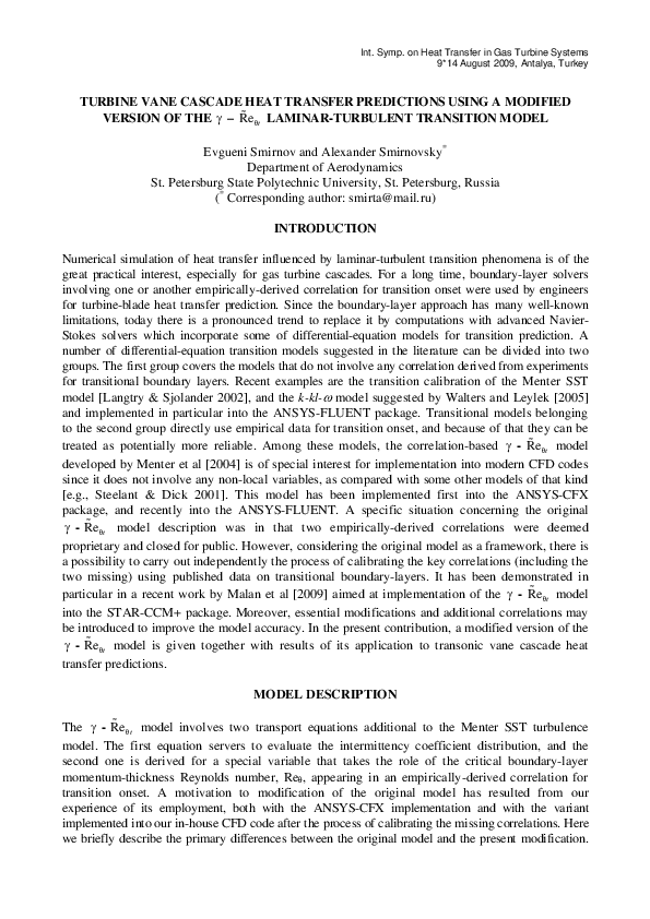(PDF) TURBINE VANE CASCADE HEAT TRANSFER PREDICTIONS USING A MODIFIED VERSION OF THE γ × Reοt ...