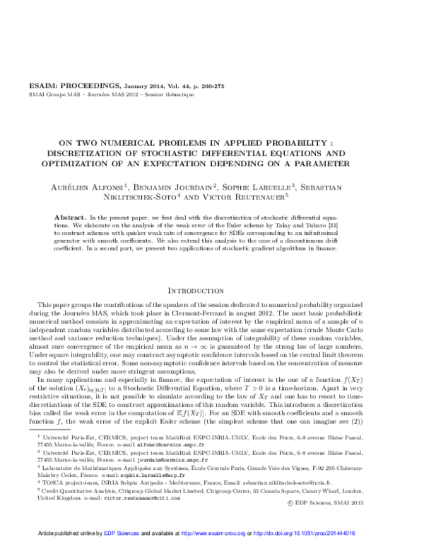 (PDF) On two numerical problems in applied probability : discretization of Stochastic ...