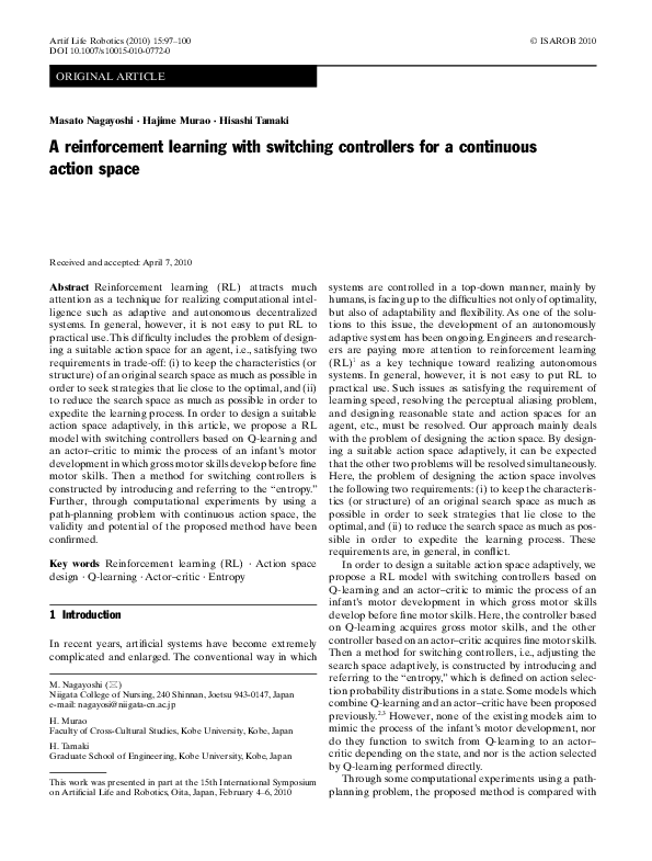 Pdf A Reinforcement Learning With Switching Controllers For A Continuous Action Space 1051