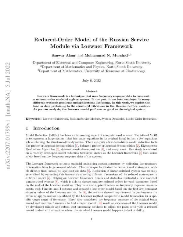 Pdf Reduced Order Model Of The Russian Service Module Via Loewner Framework