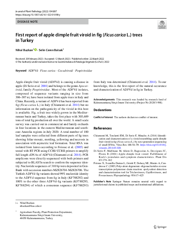 (PDF) First report of apple dimple fruit viroid in fig (Ficus carica L ...