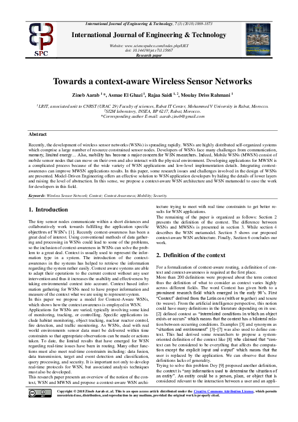 (PDF) Towards a context-aware Wireless Sensor Networks | Rajaa Saidi - Academia.edu
