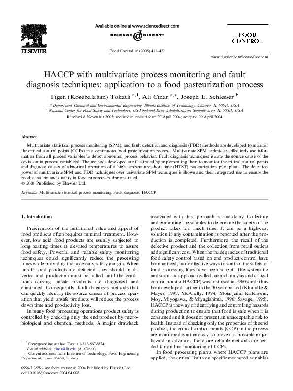 Pdf Haccp With Multivariate Process Monitoring And Fault Diagnosis Techniques Application To