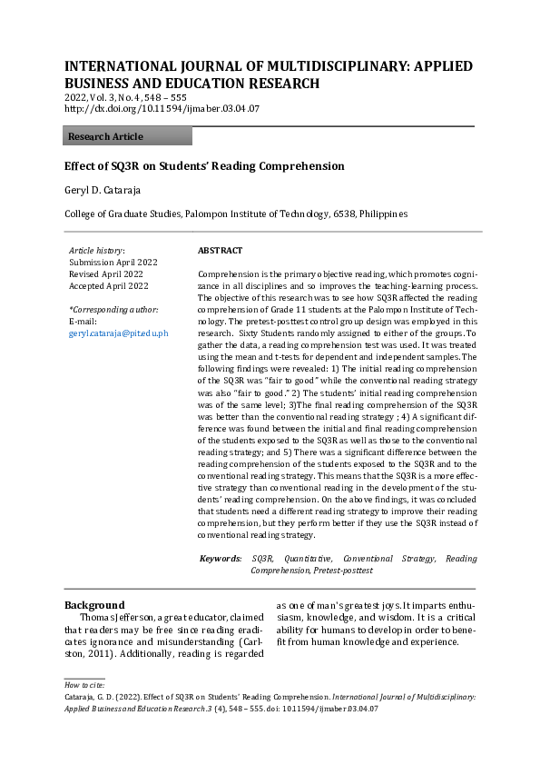 (PDF) Effect of SQ3R on Students’ Reading Comprehension