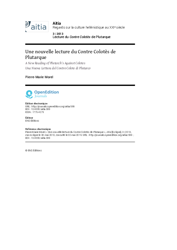 (PDF) Une nouvelle lecture du Contre Colotès de Plutarque