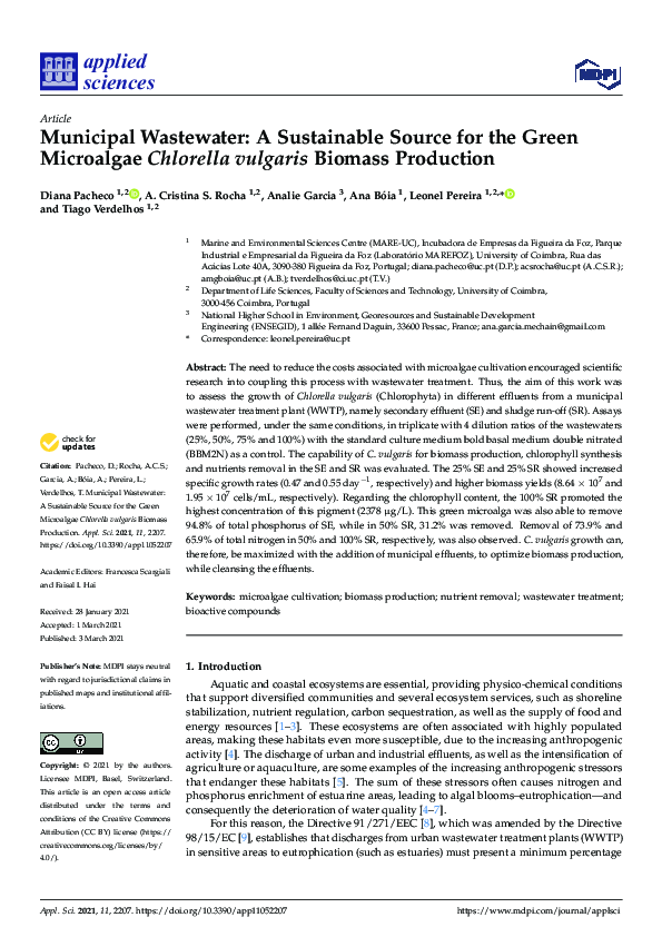 (PDF) Municipal Wastewater: A Sustainable Source for the Green Microalgae Chlorella vulgaris ...