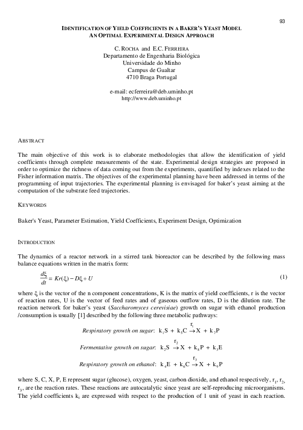 (PDF) Identification of Yield Coefficients in a Baker's Yeast Model an Optimal Experimental ...