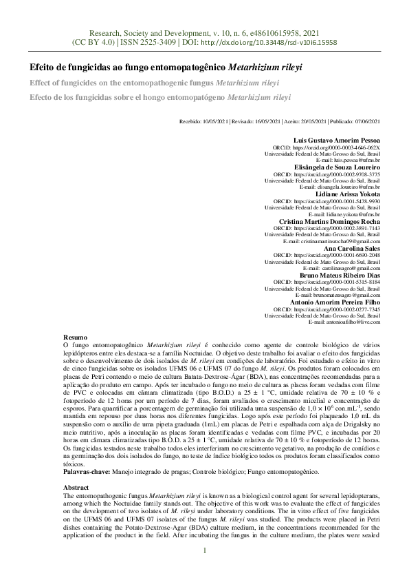 (PDF) Efeito de fungicidas ao fungo entomopatogênico Metarhizium rileyi
