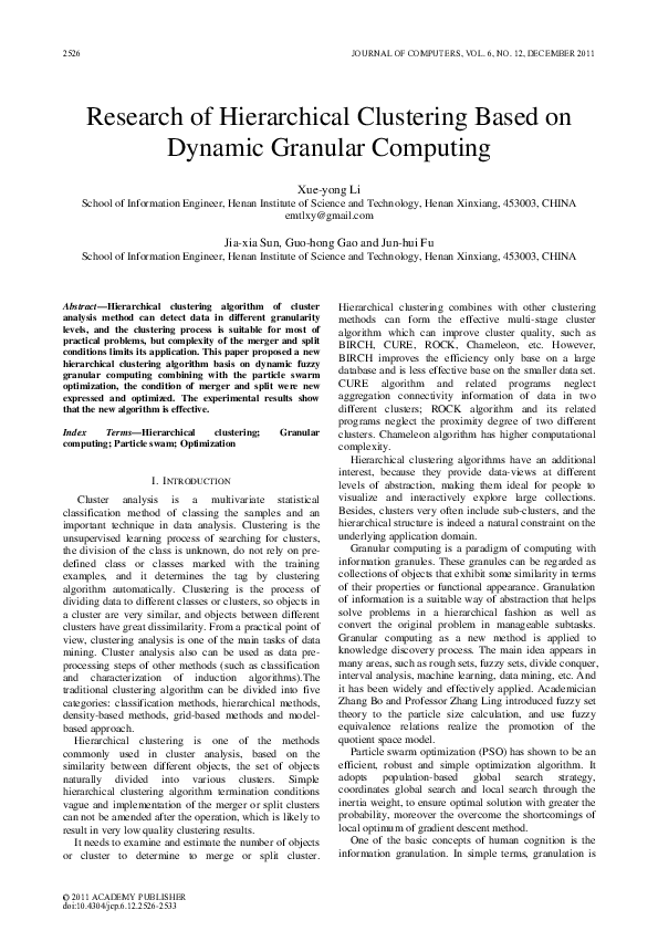 (PDF) Research of Hierarchical Clustering Based on Dynamic Granular Computing