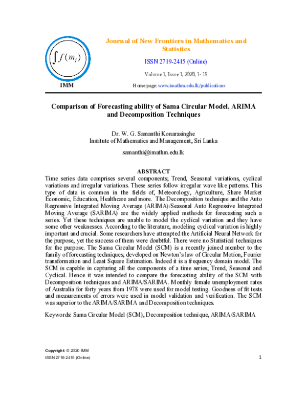 Pdf Comparison Of Forecasting Ability Of Sama Circular Model Arima And Decomposition Techniques
