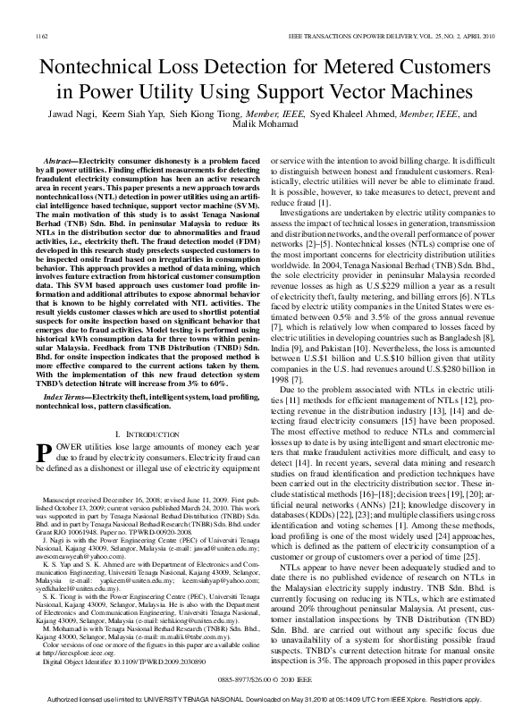 (PDF) Nontechnical Loss Detection for Metered Customers in Power Utility Using Support Vector ...