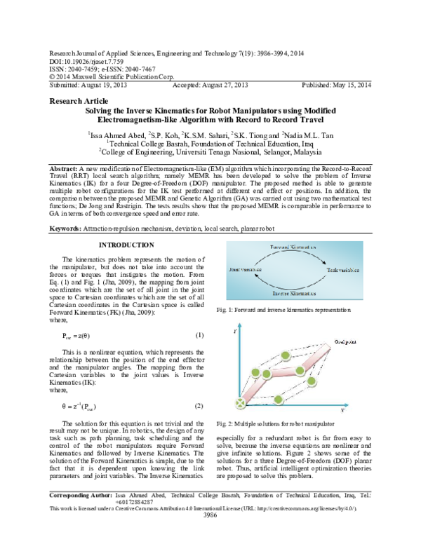 (PDF) Solving the Inverse Kinematics for Robot Manipulators using Modified Electromagnetism-like ...
