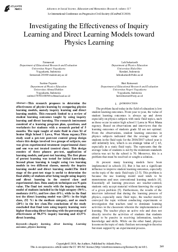 (PDF) Investigating the Effectiveness of Inquiry Learning and Direct Learning Models Toward ...