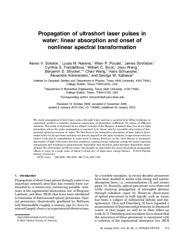 (PDF) Ultrashort Laser Pulse Propagation and Nonlinear Effects in Water