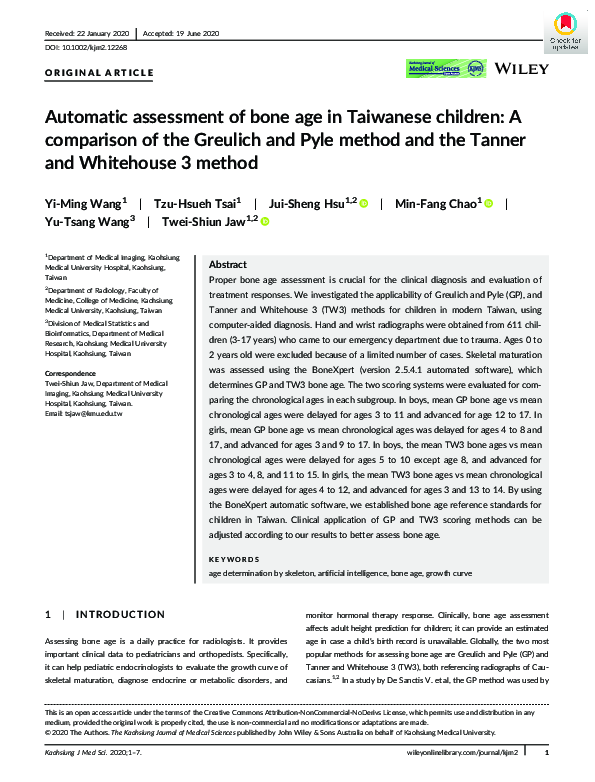 (PDF) Automatic assessment of bone age in Taiwanese children: A ...