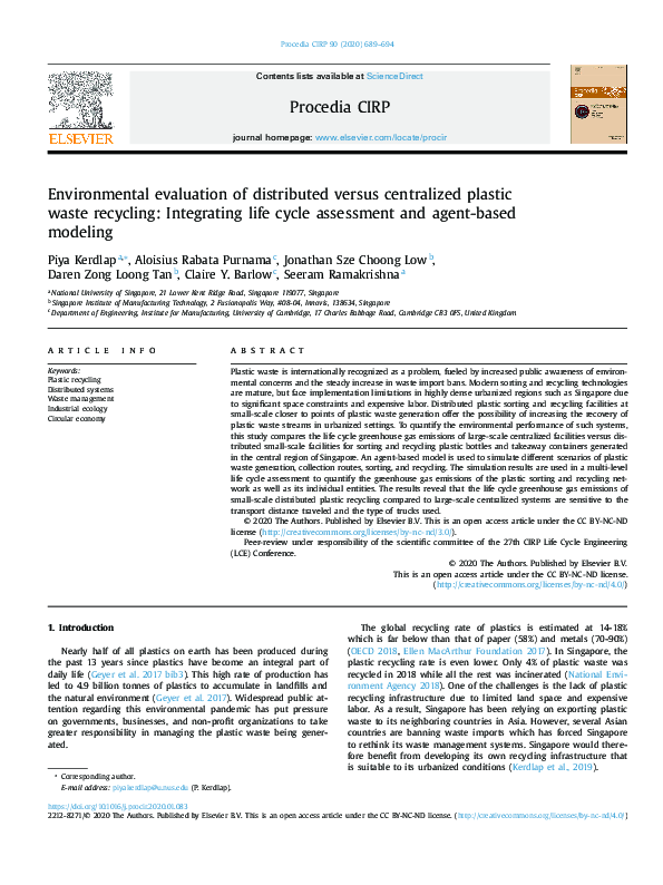 (PDF) Environmental evaluation of distributed versus centralized plastic waste recycling ...