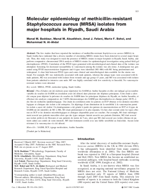 Pdf Molecular Epidemiology Of Methicillin Resistant Staphylococcus Aureus Mrsa Isolates From