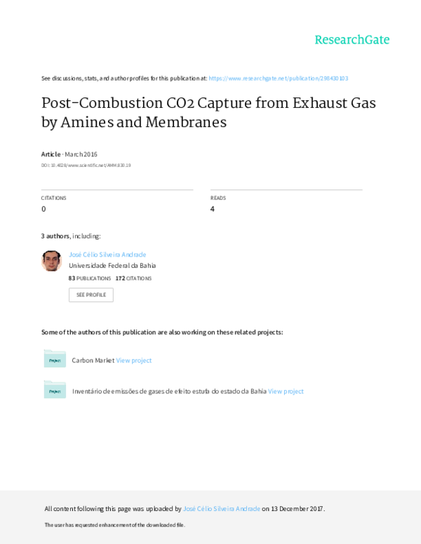 (PDF) Post-Combustion CO 2 Capture from Exhaust Gas by Amines and Membranes