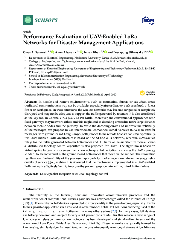 (PDF) Performance Evaluation of UAV-Enabled LoRa Networks for Disaster Management Applications