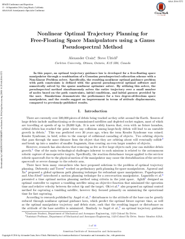 Pdf Nonlinear Optimal Trajectory Planning For Free Floating Space Manipulators Using A Gauss