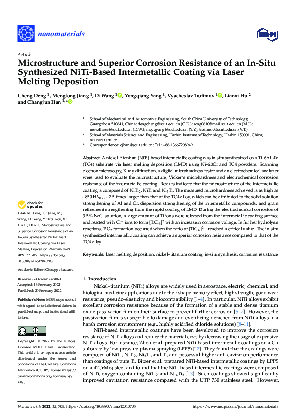 Pdf Microstructure And Superior Corrosion Resistance Of An In Situ Synthesized Niti Based