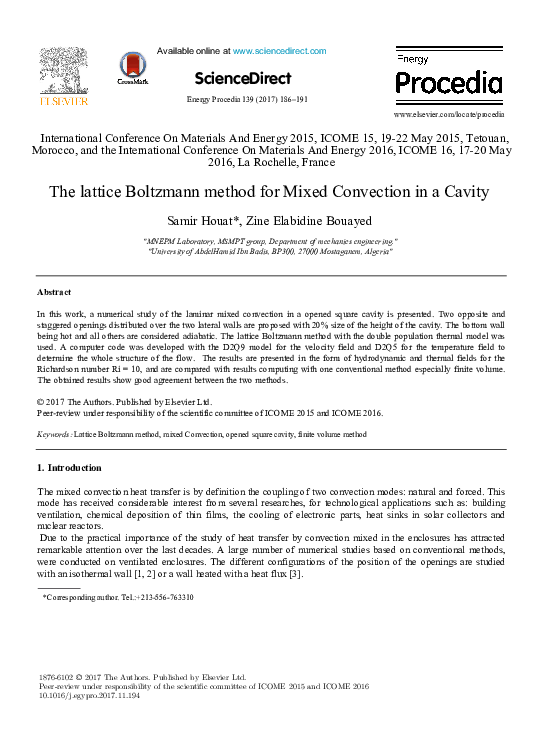 Pdf The Lattice Boltzmann Method For Mixed Convection In A Cavity Samir Houat