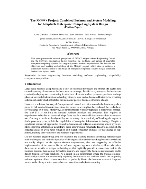 (PDF) The Modify Project: Combined Business and System Modeling for Adaptable Enterprise ...