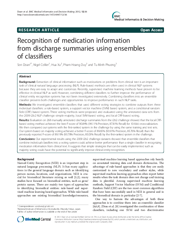 (PDF) Recognition of medication information from discharge summaries using ensembles of classifiers