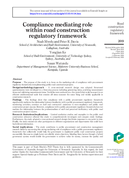 (PDF) Compliance mediating role within road construction regulatory ...