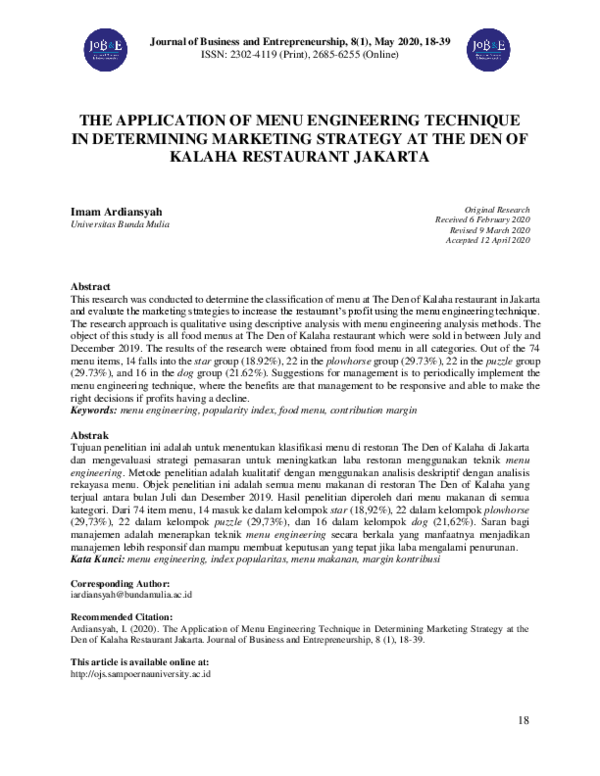 (PDF) The Application of Menu Engineering Technique in Determining ...