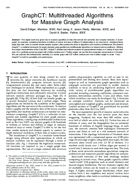 Pdf Graphct Multithreaded Algorithms For Massive Graph Analysis David A Bader 