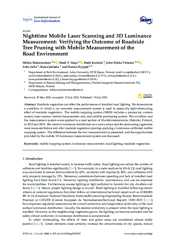 (PDF) Nighttime Mobile Laser Scanning and 3D Luminance Measurement: Verifying the Outcome of ...