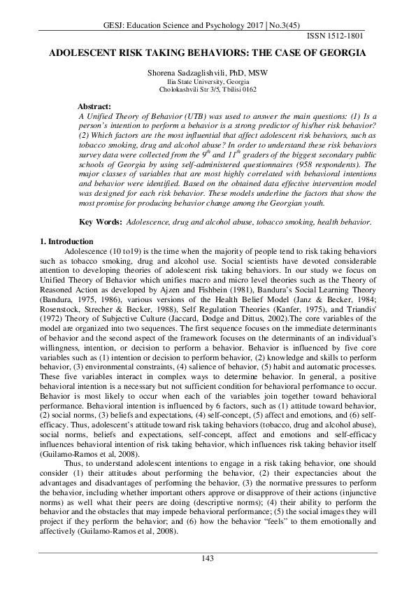 (PDF) Adolescent Risk Taking Behaviors: The Case of Georgia