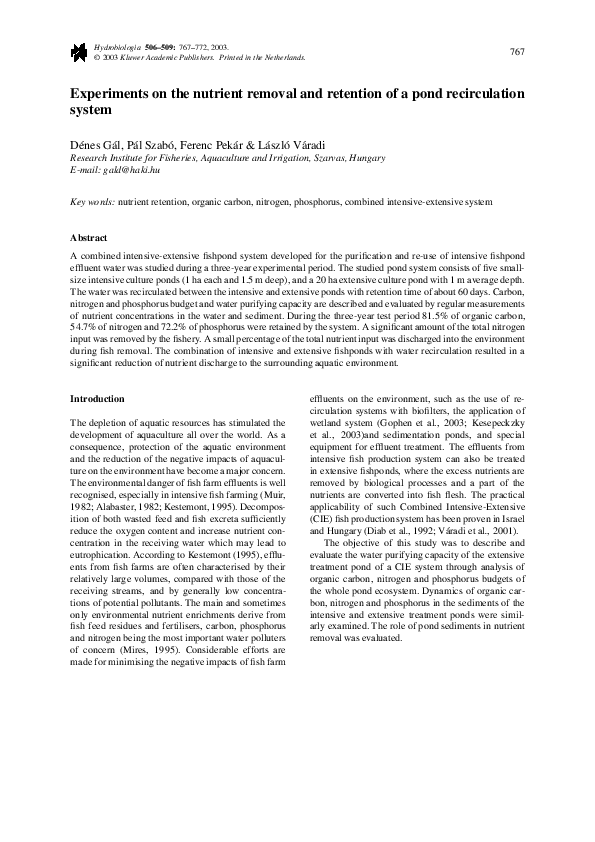 (PDF) Experiments on the nutrient removal and retention of a pond ...