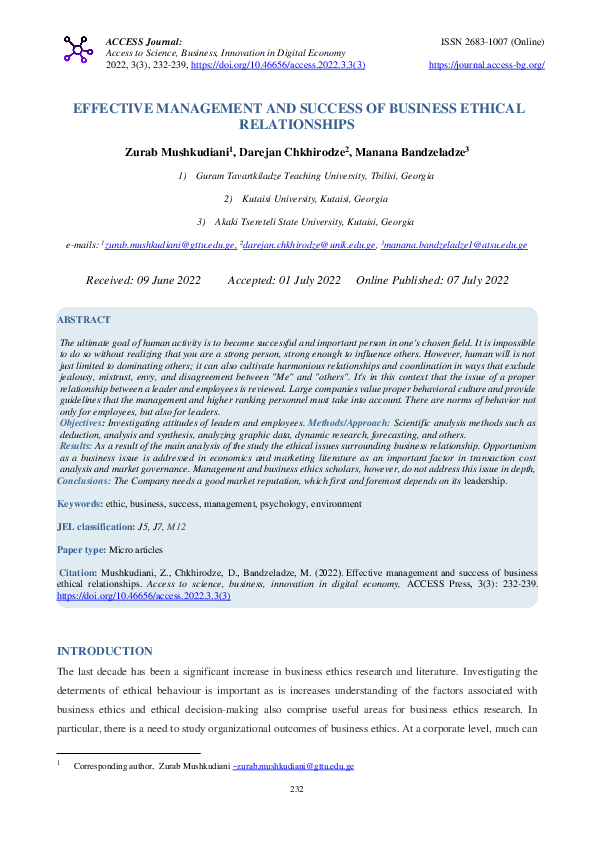 (PDF) Effective management and success of business ethical relationships
