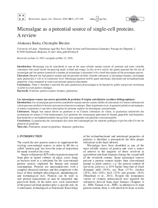 (PDF) B A Microalgae as a potential source of single-cell proteins. A review