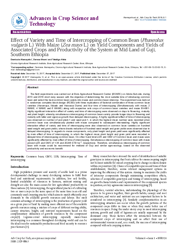 (PDF) Effect of Variety and Time of Intercropping of Common Bean (Phaseolus vulgaris L.) With ...