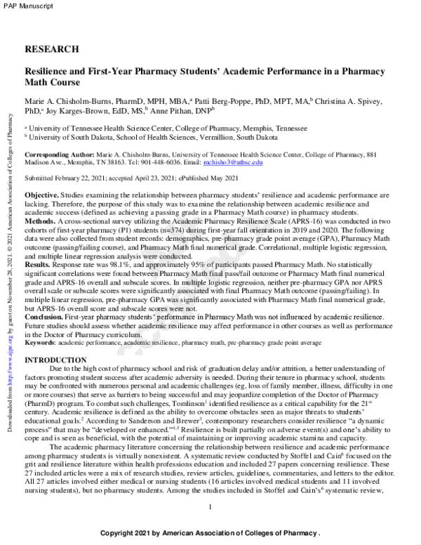(PDF) Resilience and First-Year Pharmacy Students’ Academic Performance ...