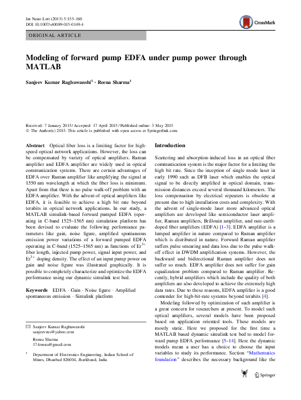 (PDF) Modeling of forward pump EDFA under pump power through MATLAB ...
